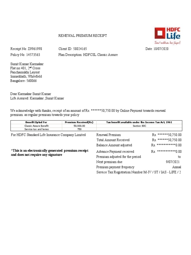 HDFC Renewal Premium Receipt for Karmakar | PDF