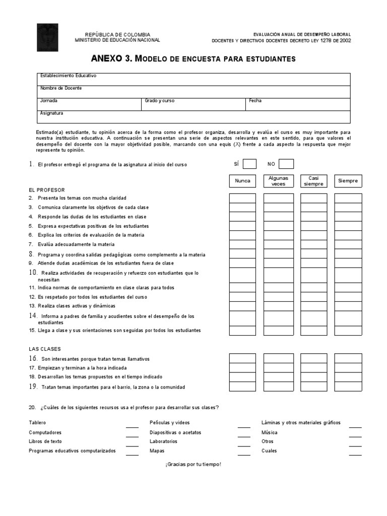 Anexo 3 - Modelo Encuesta Estudiantes | PDF | Maestros | Evaluación