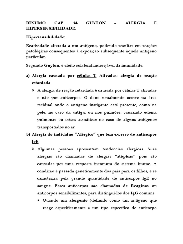 Resumo Cap 34 Guyton e Cap 22 Tortora Alergia e Imunidade | PDF | Sistema imunológico | Fagócito