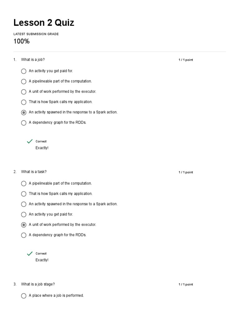 Spark Lesson 2 Quiz Results and Answers | PDF | Apache Spark | Computer ...