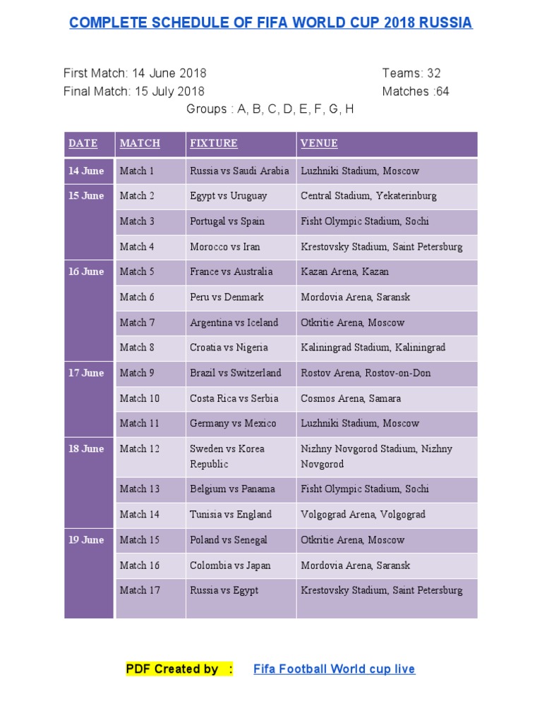 FIFA World Cup 2018 Complete Schedule | PDF | Team Sports | Fifa ...
