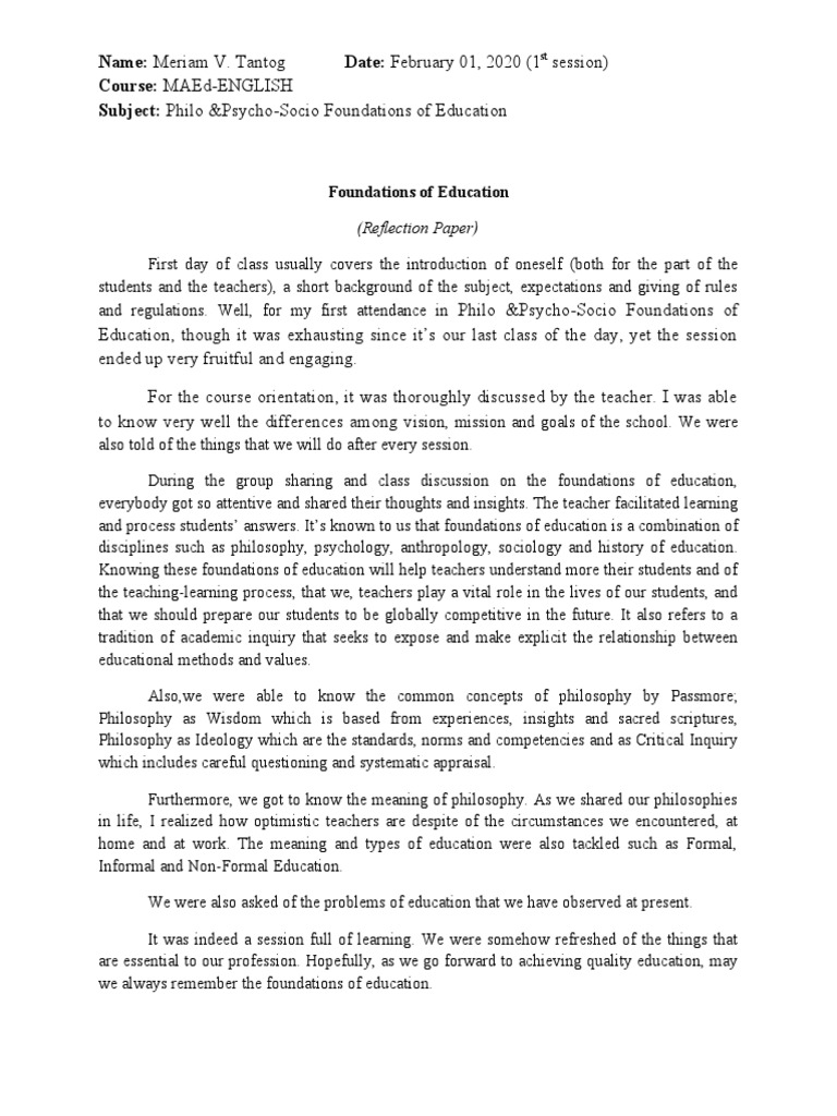 Reflection Paper Masteral | PDF | Philosophical Realism | Idealism