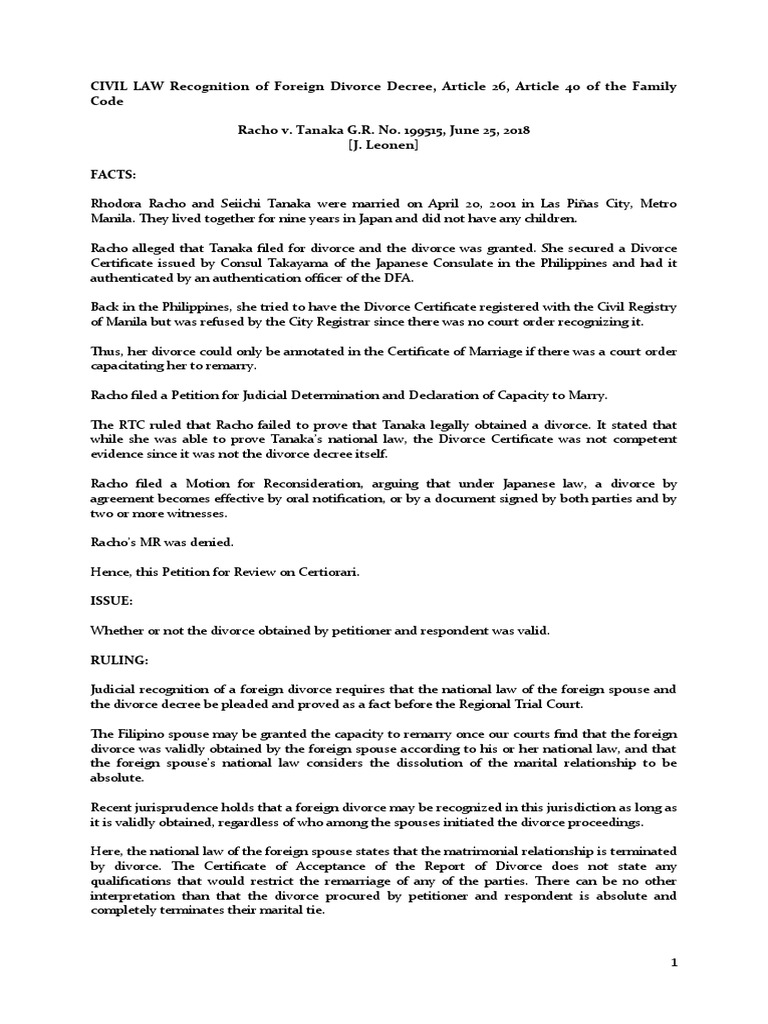 CIVIL LAW Recognition of Foreign Divorce Decree, Article 26, Article 40 ...