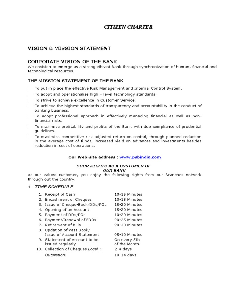 Punjab National Bank Vision & Mission Statement | PDF | Cheque | Credit ...