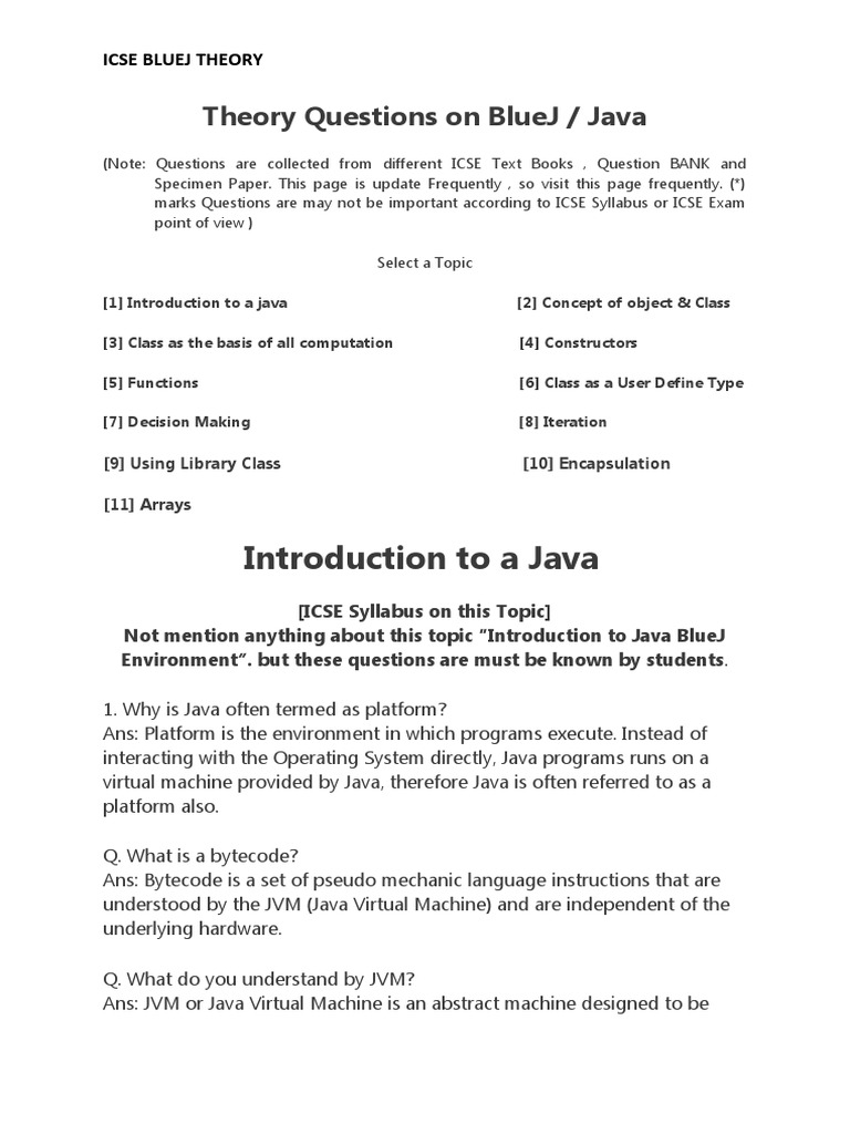 Icse Theory Questions On Bluej Pdf Object Oriented Programming Constructor Object