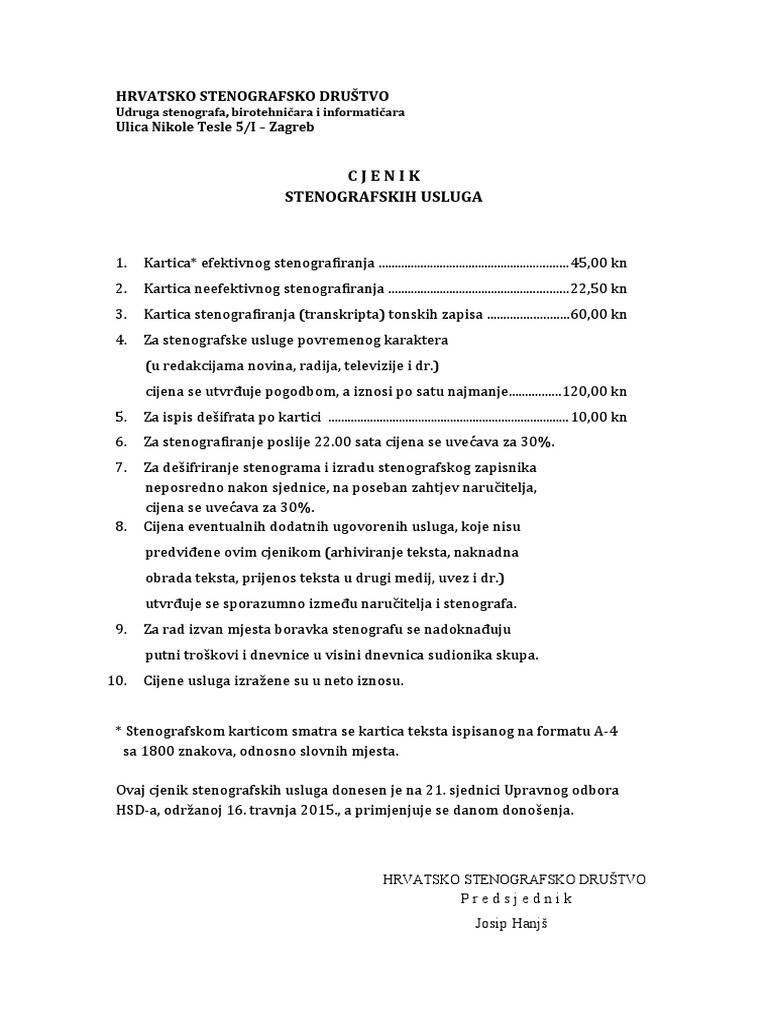 Cjenik Usluga - Stenografija | PDF
