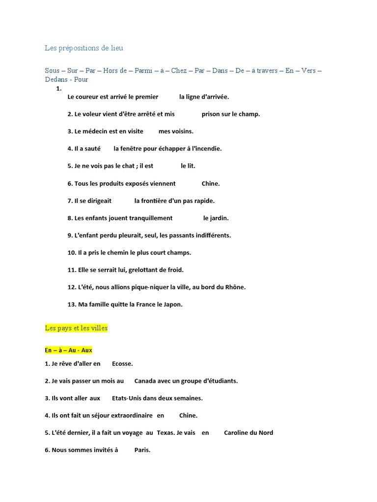 Les Prépositions de Lieu Exercices | PDF