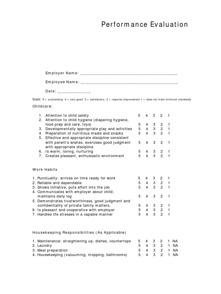 Performance Evaluation Form | PDF | Performance Appraisal | Child Care