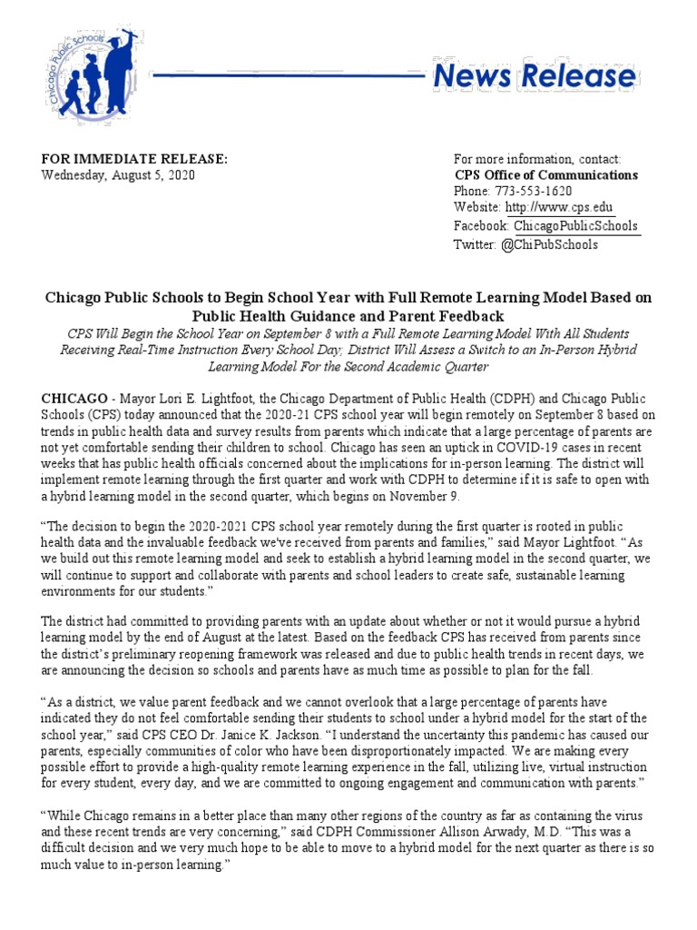 CPS Statement On 2020-2021 School Year | PDF | Classroom | Learning