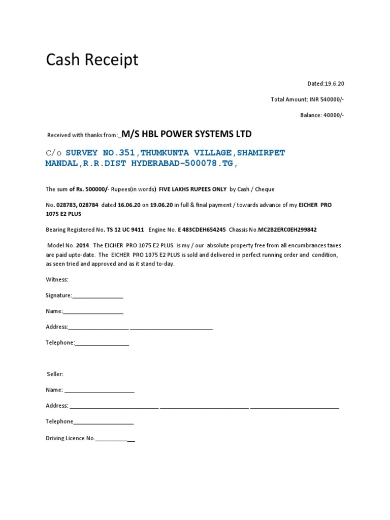Cash Receipt: M/S HBL Power Systems LTD | PDF