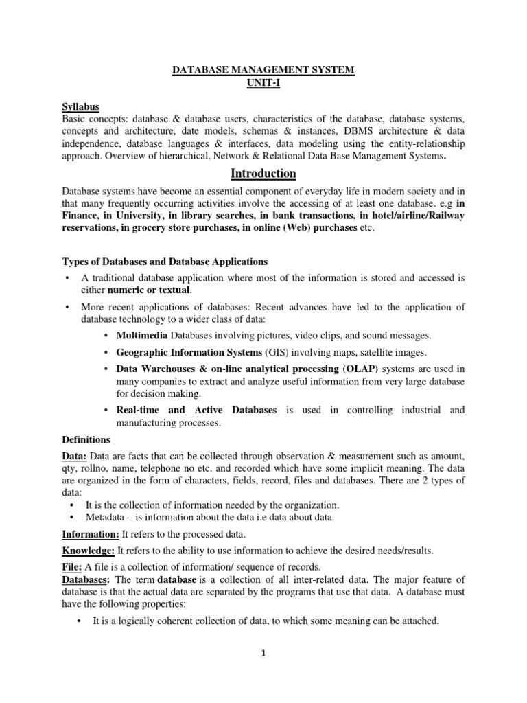 DBMS Unit 1 PDF | PDF | Conceptual Model | Data Model