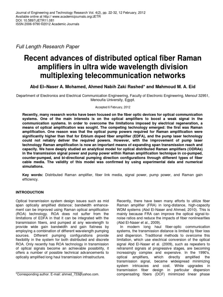 Recent Advances of Distributed Optical Fiber Raman Amplifiers in Ultra ...