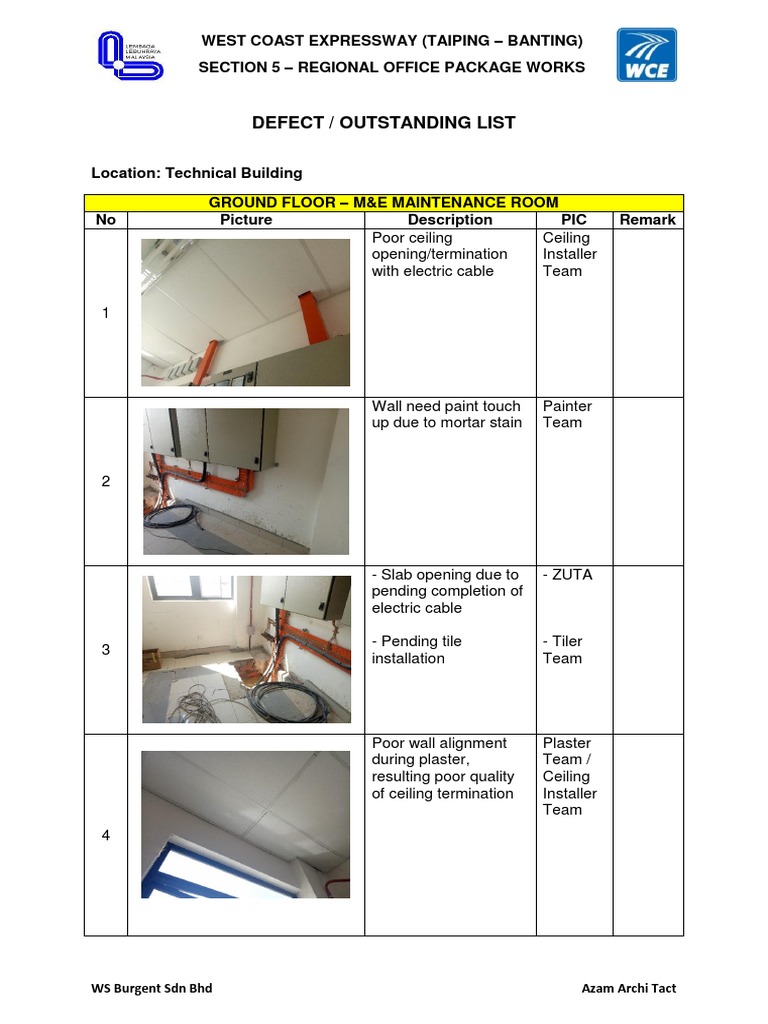 Defect & Outstanding List | PDF | Tile | Ceiling