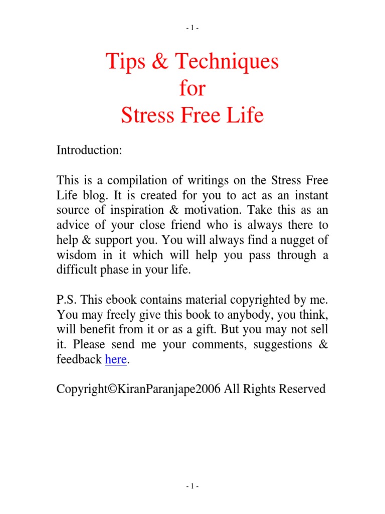 Tips & Techniques For Stress Free Life | PDF | Emotions | Stress (Biology)
