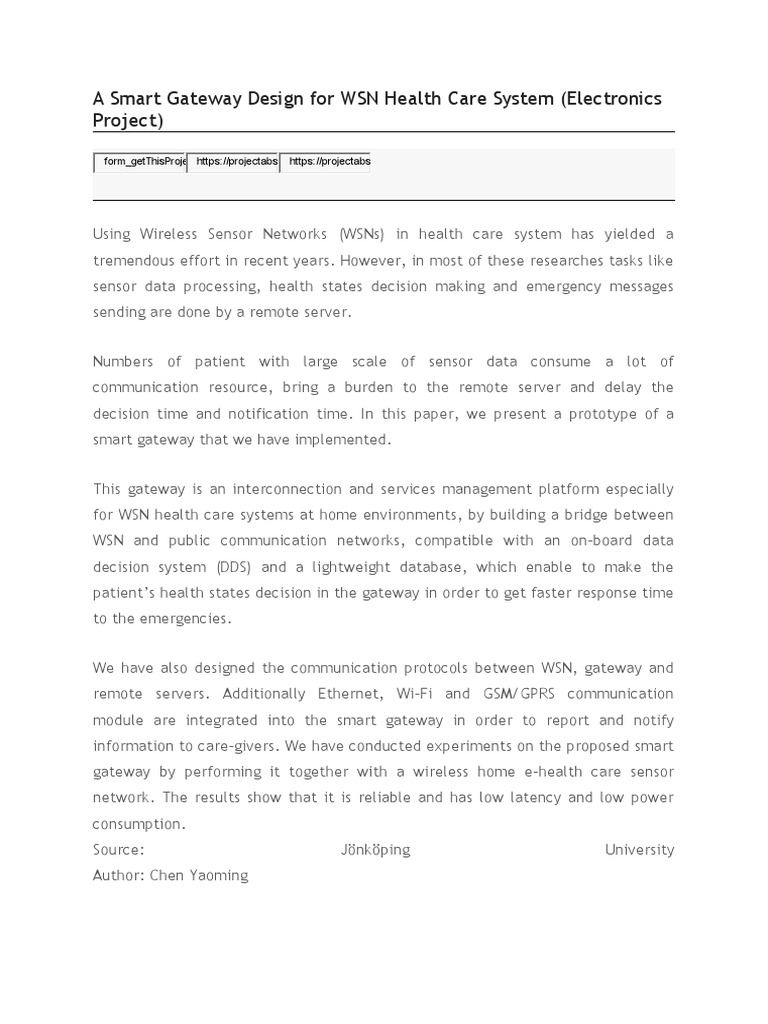 A Smart Gateway Design For WSN Health Care System | PDF