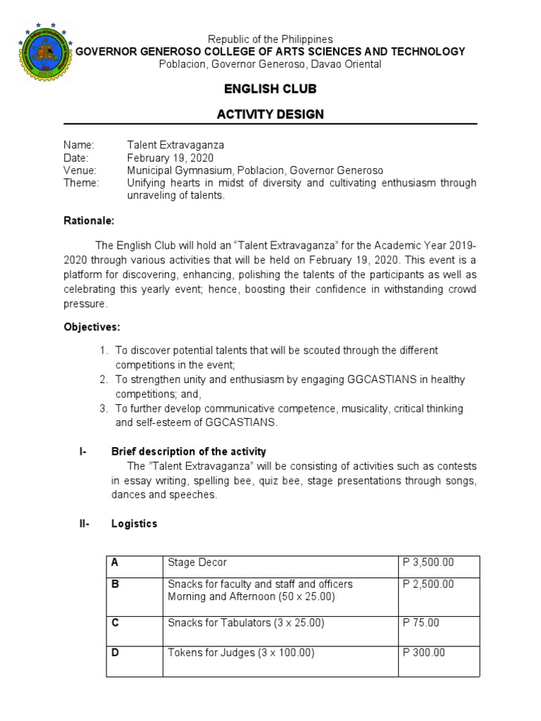 English Club Activity Design: Governor Generoso College of Arts ...