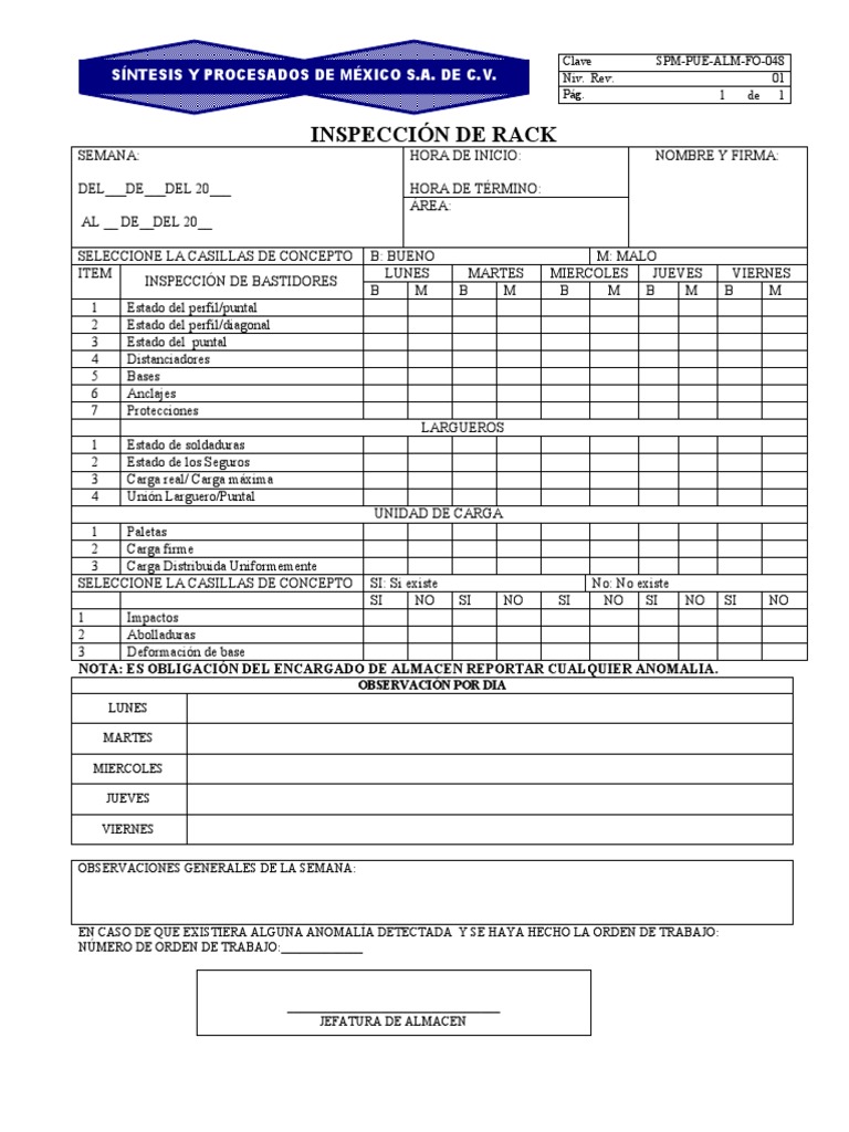 Spm-Pue-Alm-Fo-048 Inspección de Rack | PDF