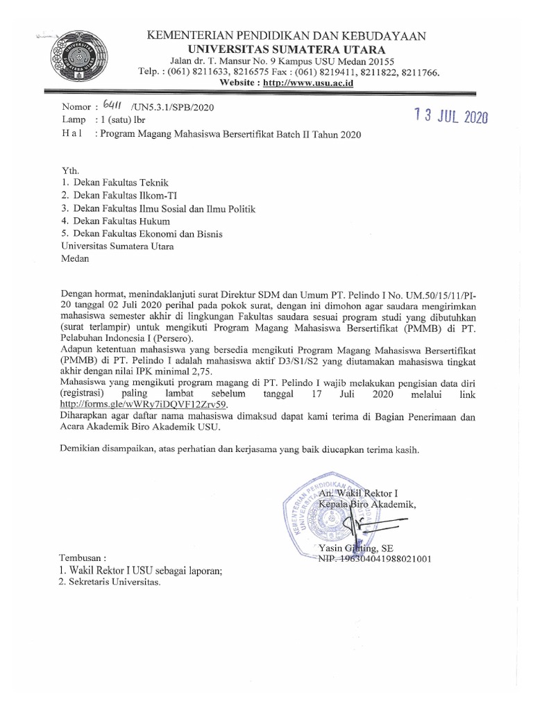 Surat Program Magang Mahasiswa Bersertifikat Batch Ii Tahun 2020 Pt ...