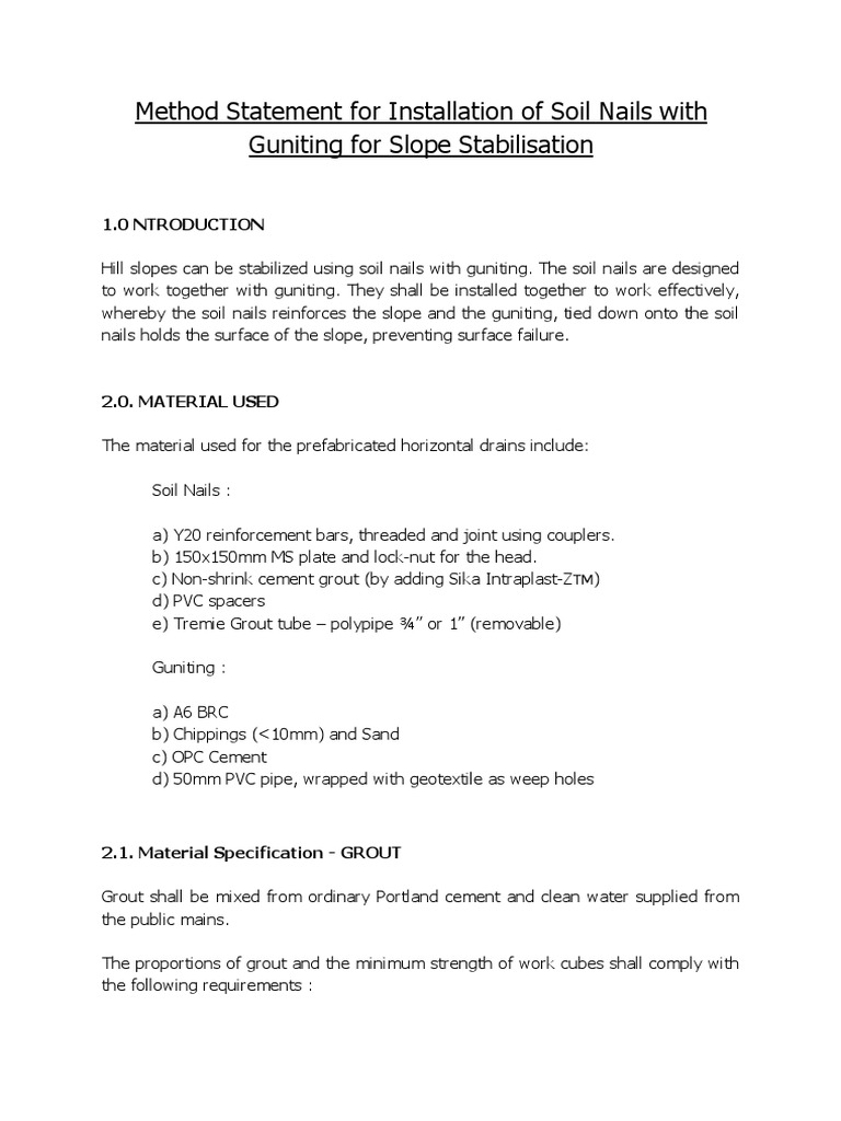 Method Statement For Installation of Soil Nails With Guniting For Slope Stabilisation | PDF ...