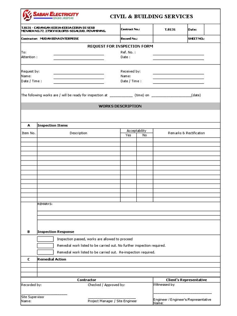Civil & Building Services: Request For Inspection Form | PDF