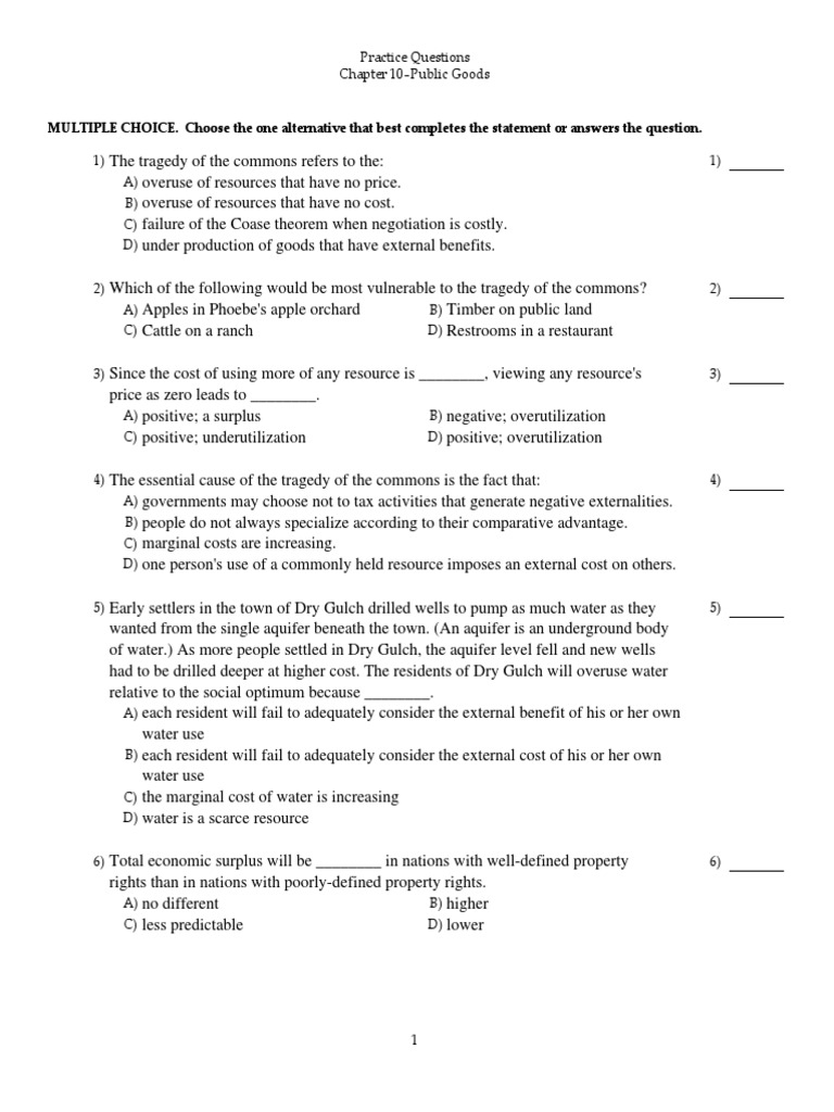 Public Goods Practice Questions | PDF | Externality | Market (Economics)