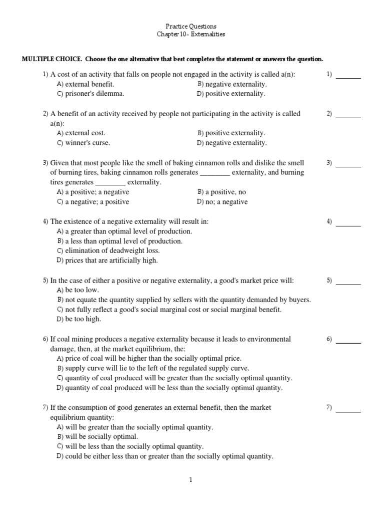 Practice Questions Chapter 10 - Externalities | PDF | Externality ...