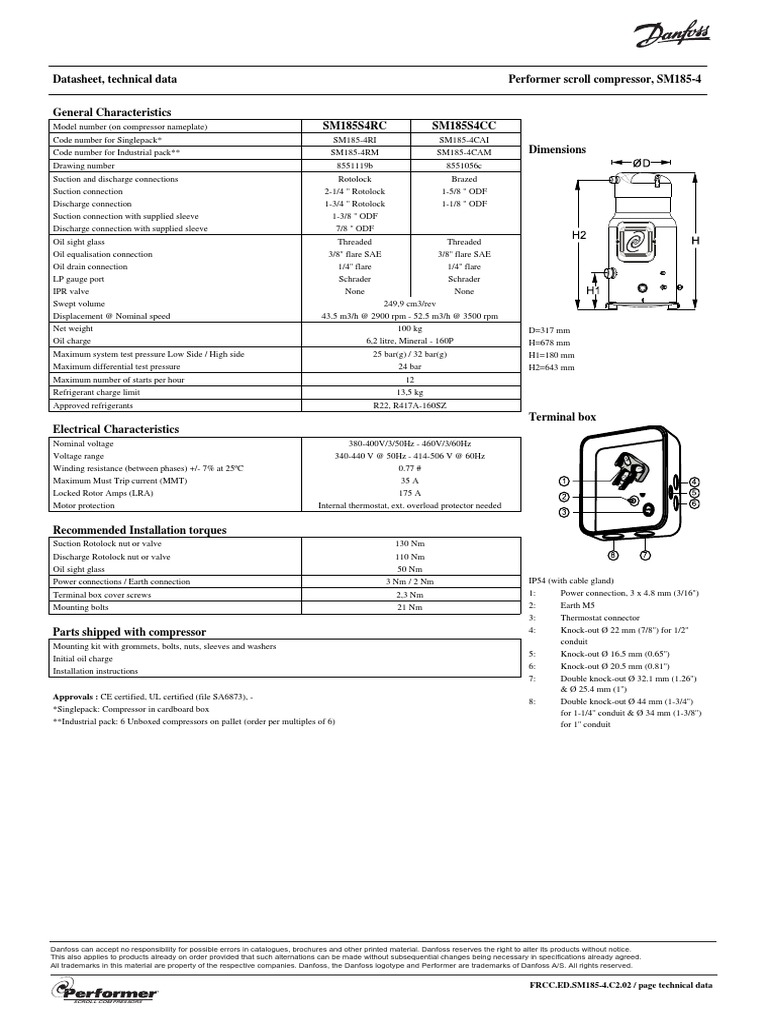 Datasheet, Technical Data Performer Scroll Compressor, SM185-4 | PDF ...