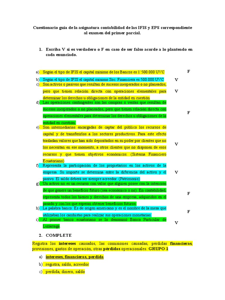 Cuestionario de La Asignatura Contabilidad de Las IFIS y EPS Correspondiente Al Primer Parcial ...