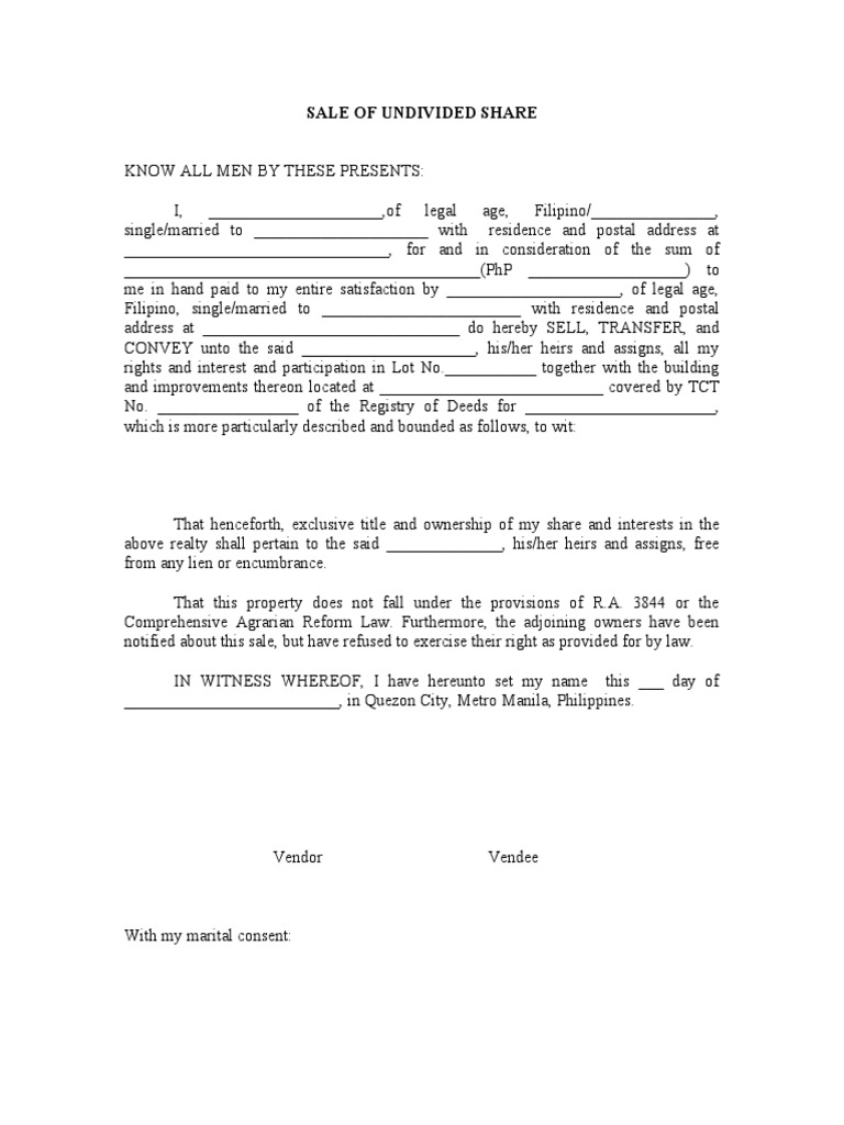 Sale of Undivided Share of Land | PDF | Common Law | Land Law