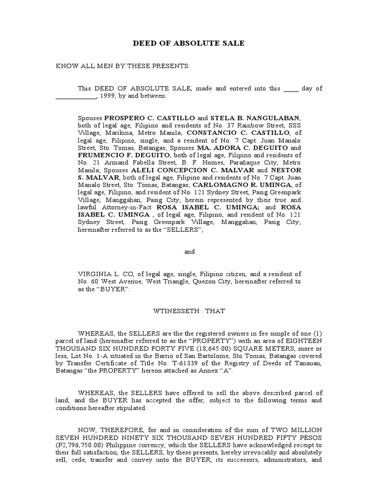 Deed of Absolute Sale 2 | PDF | Title (Property) | Property Law