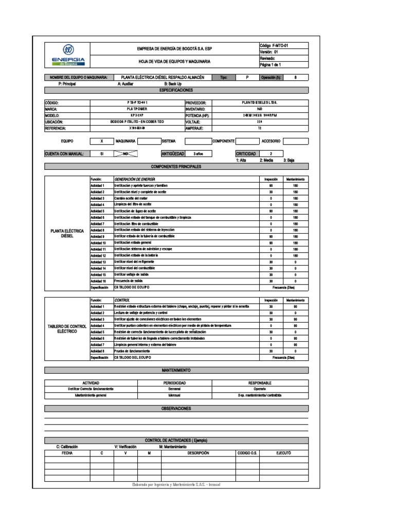 Formato Hoja de Mto Planta Elec-Pto-001 | PDF | Motor diesel | Energía y recursos