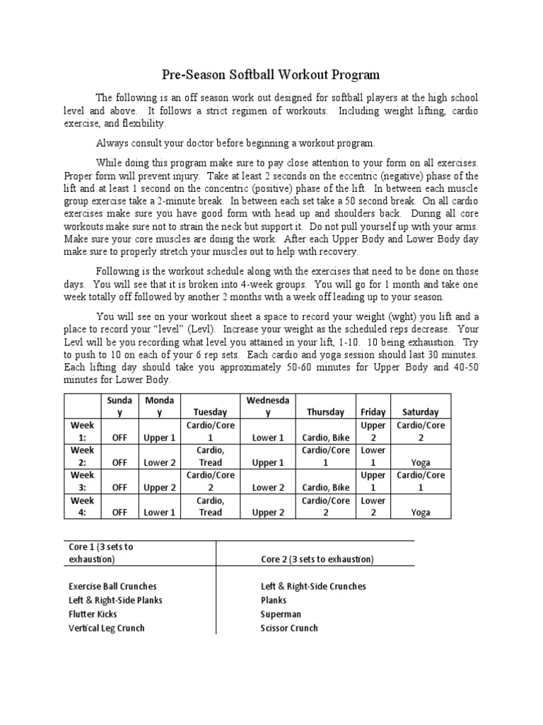Pre-Season Softball Workout Program | PDF | Weight Training ...