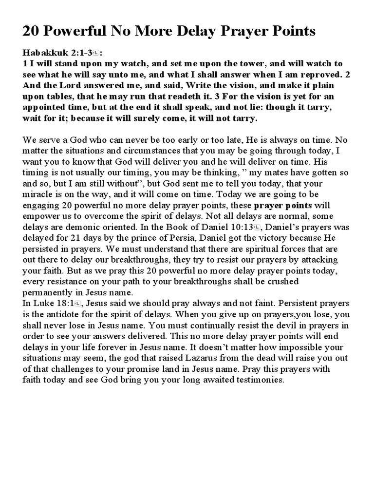 20 Powerful No More Delay Prayer Points | PDF | Aaron | Jesus