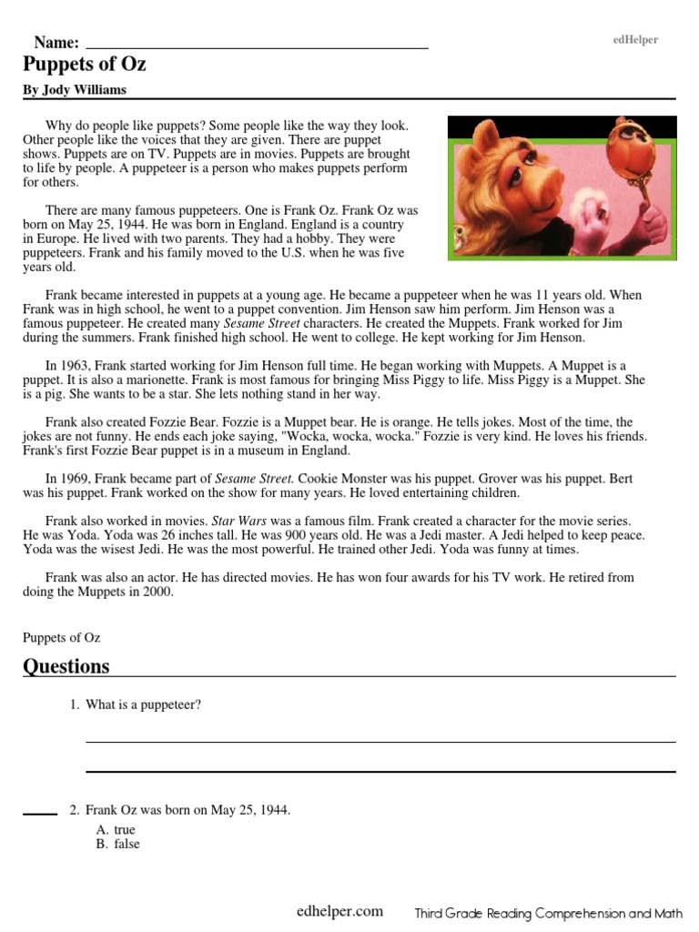 3rd-grade-reading-comprehension-worksheets | The Muppets