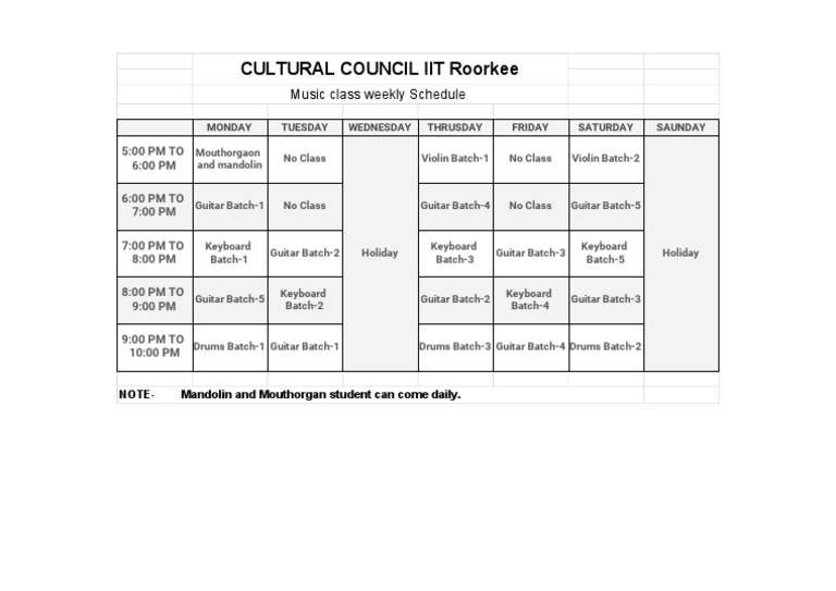 Time Table For Music Class | PDF