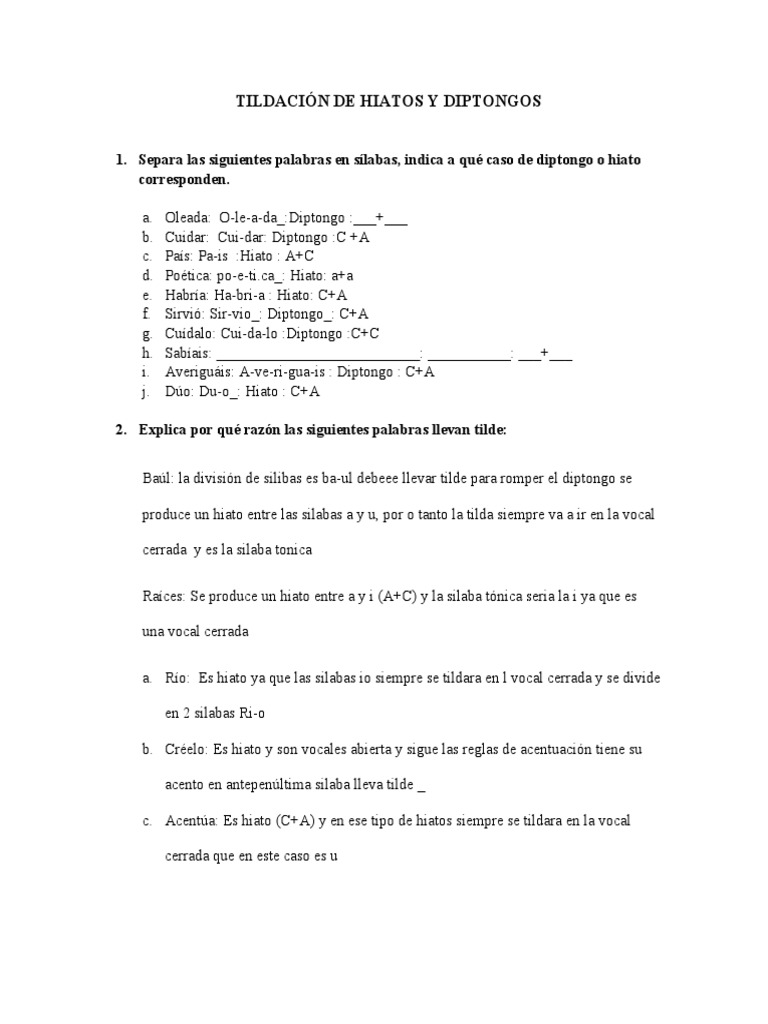 Ldación de Hiatos y Diptongos Ejercicios 8° | PDF | Voz humana | Fonética