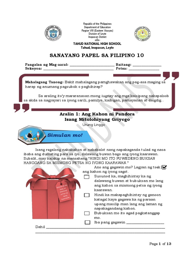 Filipino 10 - Aralin 1-Week 1 PDF | PDF