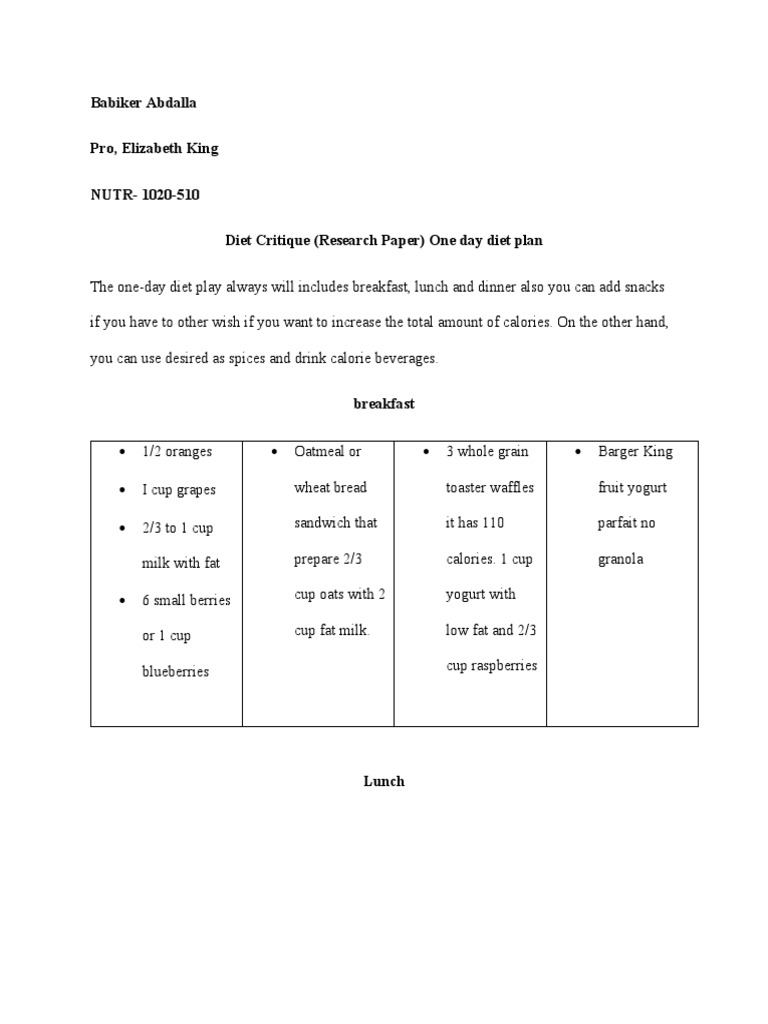 Diet Critique Research Paper | PDF | Dieting | Healthy Diet