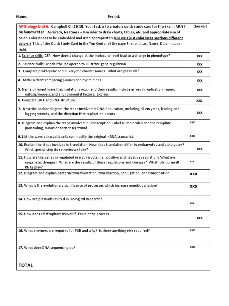 Ap Bio Unit 6 Quick Study Card | PDF | Gene | Dna