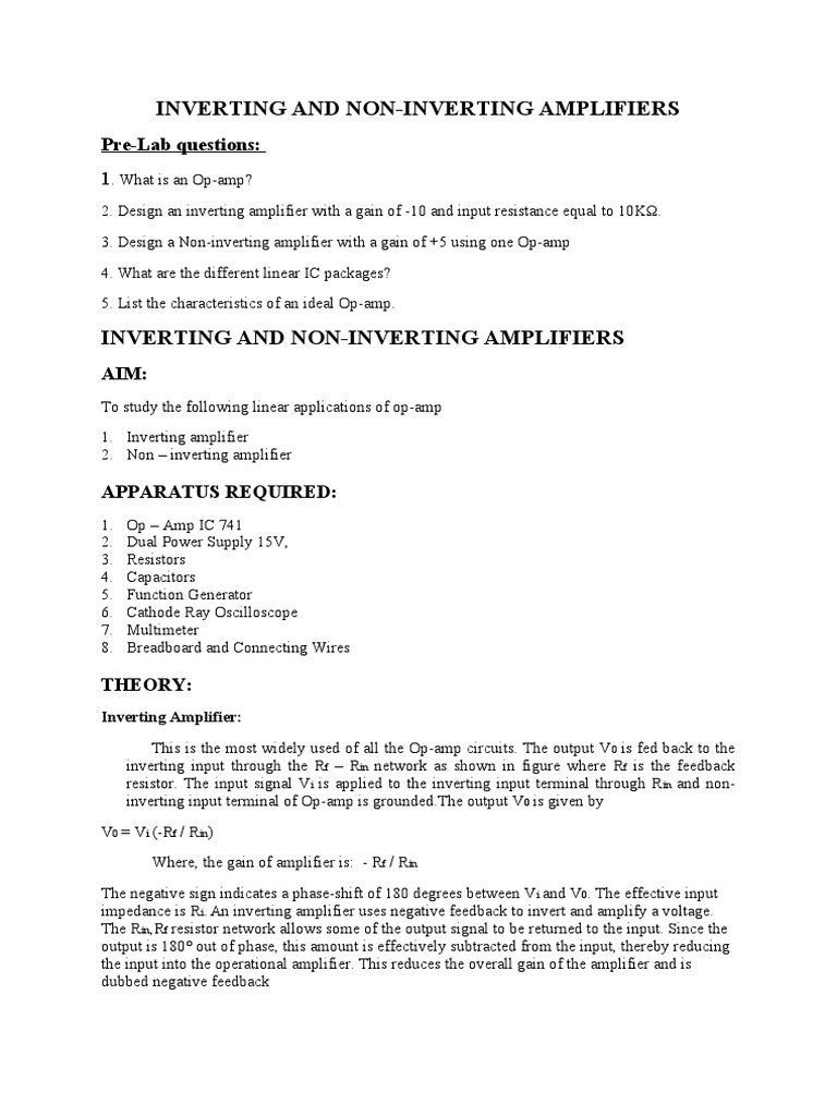 Inverting and Non-Inverting Amplifiers: Pre-Lab Questions | PDF ...
