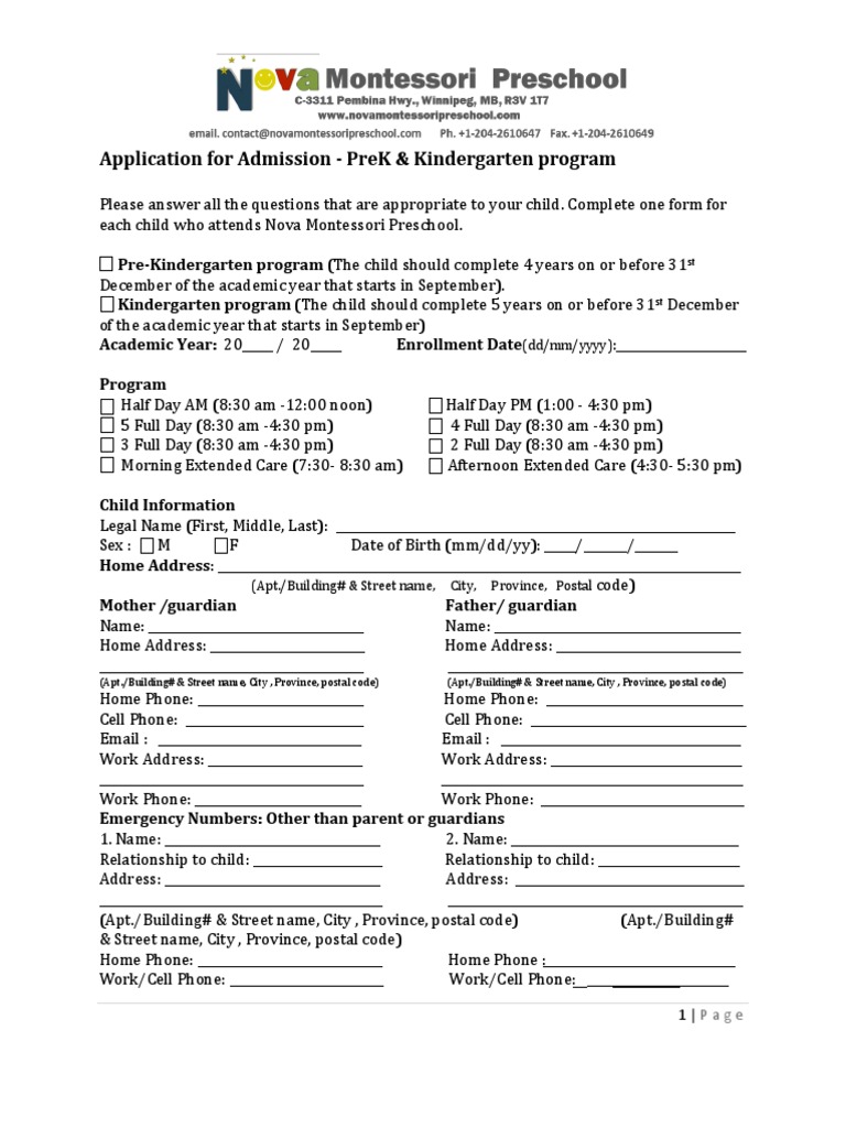 Application For Admission - Prek & Kindergarten Program: Morning ...