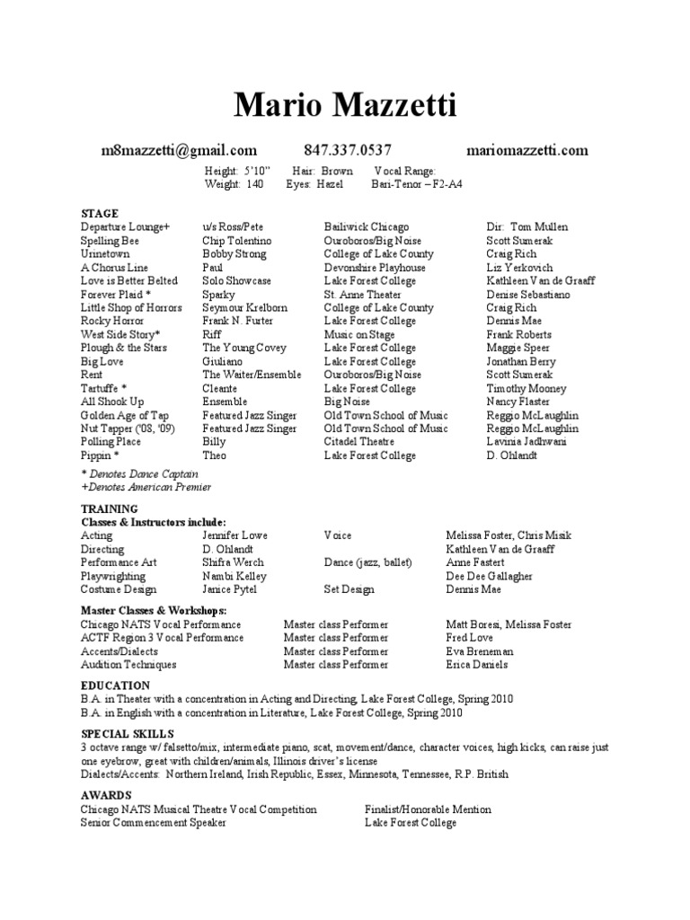Mario Mazzetti Performance Resume | PDF | Performing Arts