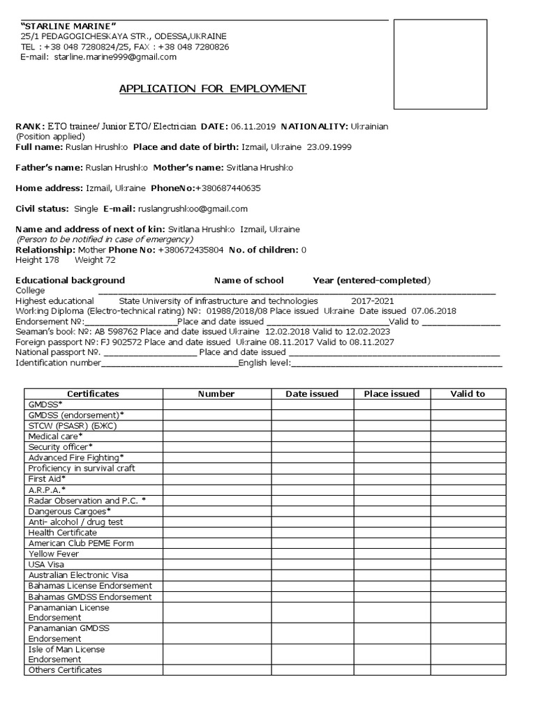 Application For Employment: ETO Trainee/ Junior ETO/ Electrician | PDF