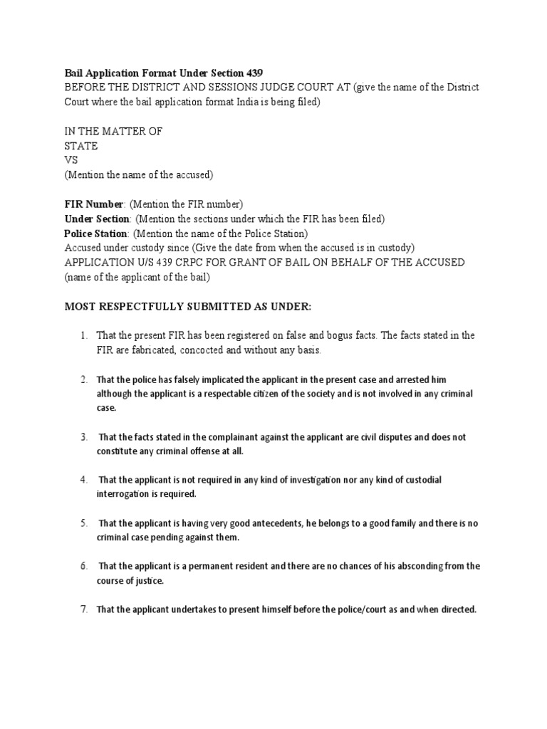 Bail Application Format Under Section 439 | PDF | Bail | Arrest