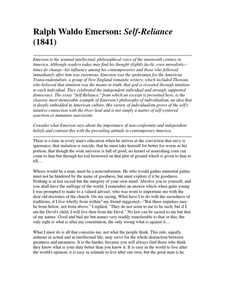 Emerson's Self-Reliance Explained | PDF | Ralph Waldo Emerson ...