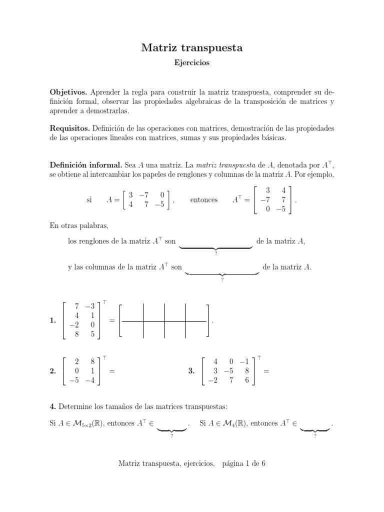 Transpose of A Matrix Exercises Es PDF | PDF | Matriz (Matemáticas ...