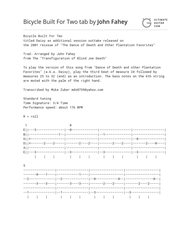 Bicycle Built For Two Tab by John Fahey | PDF | Necked Lutes | Music ...