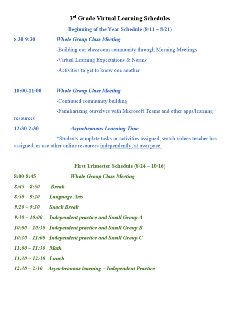 Virutal Learning Schedule Falll 2020 | PDF | Art