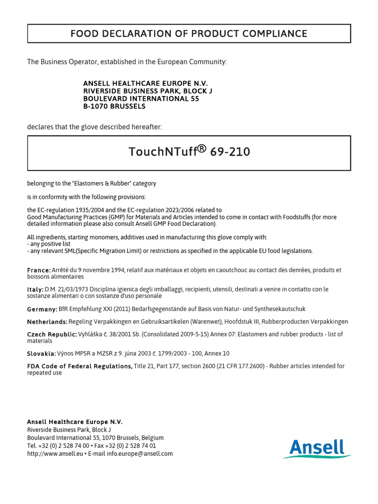 Touchntuff 69-210 ®: Food Declaration of Product Compliance | PDF ...