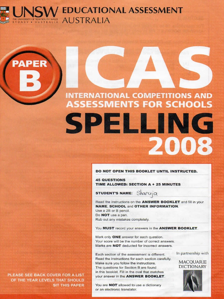 Spelling ICAS 2008 Paper B PDF | PDF